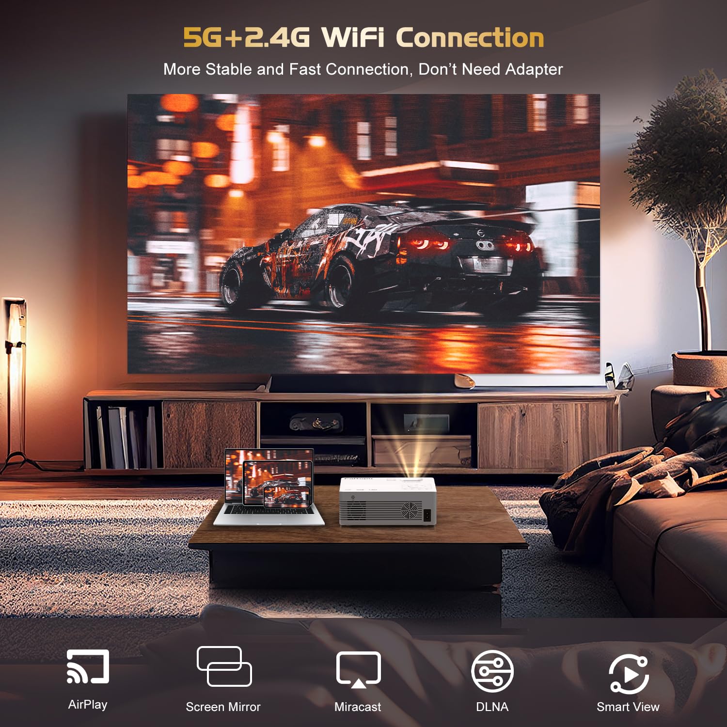 Projector with WiFi and Bluetooth 5.1, 2023 Upgraded 9000 Lux 1080P Full HD Supported, Portable Outdoor Projector Mini Projector Compatible with Smartphone HDMI USB AV AUX VGA