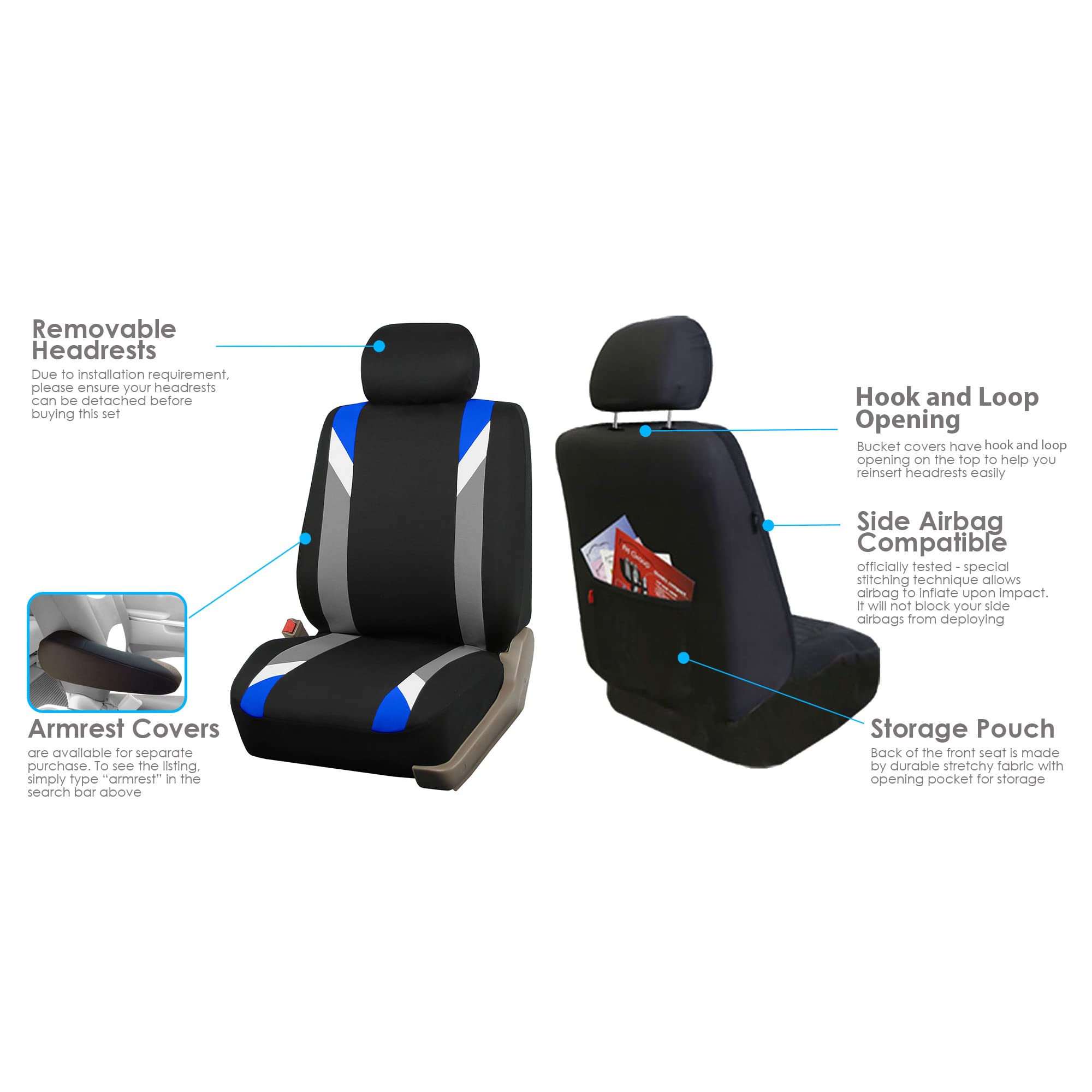 FH Group Front Set Cloth Car Seat Covers for Low Back Car Seats with Removable Headrest, Universal Fit, Airbag Compatible Seat Cover for SUV, Sedan, Van Blue