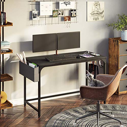 Rolanstar Computer Desk with Power Outlet, 47β Home Office PC Desk with USB Ports Charging Station, Desktop Table with Side Storage Bag and Iron Hooks, Stable Metal Frame Workstation, Black