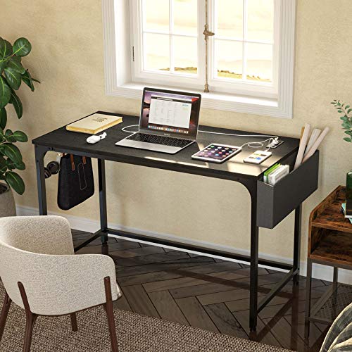 Rolanstar Computer Desk with Power Outlet, 47β Home Office PC Desk with USB Ports Charging Station, Desktop Table with Side Storage Bag and Iron Hooks, Stable Metal Frame Workstation, Black