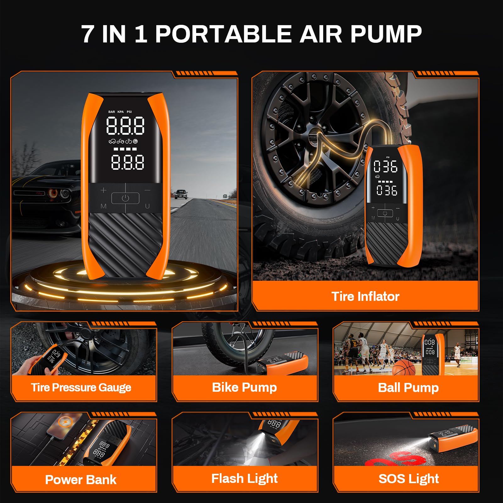 Kapopop K1 Tire Inflator Portable Air Compressor,4X Faster 150PSI & 20000mAh Cordless Air Pump for Car Tires,Bikes,Motorcycles & Balls,with Pressure Gauge,LCD Display,Emergency LED Light,Auto Shut-Off