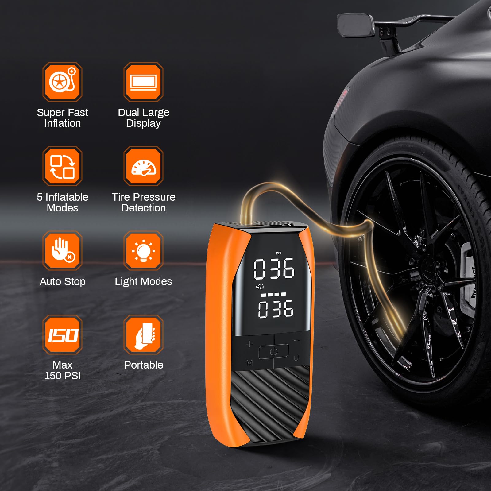 Kapopop K1 Tire Inflator Portable Air Compressor,4X Faster 150PSI & 20000mAh Cordless Air Pump for Car Tires,Bikes,Motorcycles & Balls,with Pressure Gauge,LCD Display,Emergency LED Light,Auto Shut-Off