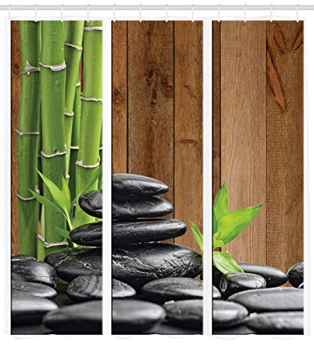 Ambesonne Art Decor Collection, Spa Zen Basalt Stones and Bamboo Trees Picture Print, Polyester Fabric Bathroom Shower Curtain Set with Hooks, Green/Dark Gray/Brown