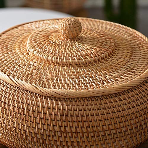 YIWMHE Rattan Boxes with Lid Hand-Woven Multi-Purpose Wicker Tray with Durable Rattan Fiber Round 11 Inch Diameter Bread Basket (Color : Coffee Color)