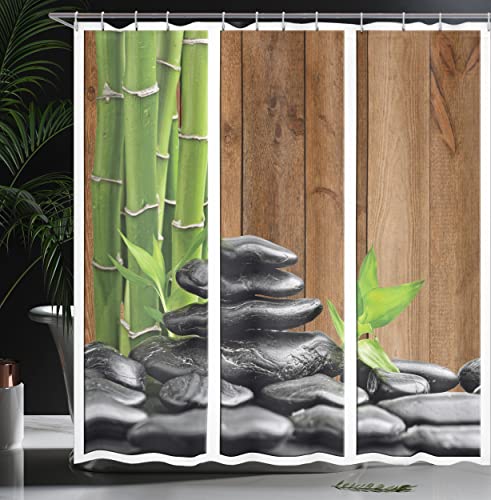 Ambesonne Art Decor Collection, Spa Zen Basalt Stones and Bamboo Trees Picture Print, Polyester Fabric Bathroom Shower Curtain Set with Hooks, Green/Dark Gray/Brown