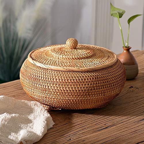 YIWMHE Rattan Boxes with Lid Hand-Woven Multi-Purpose Wicker Tray with Durable Rattan Fiber Round 11 Inch Diameter Bread Basket (Color : Coffee Color)