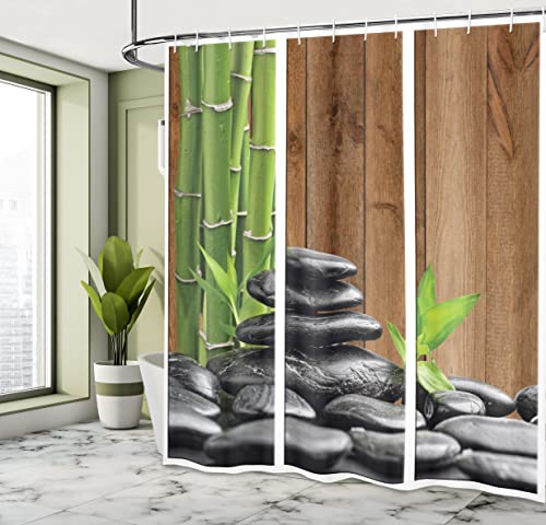 Ambesonne Art Decor Collection, Spa Zen Basalt Stones and Bamboo Trees Picture Print, Polyester Fabric Bathroom Shower Curtain Set with Hooks, Green/Dark Gray/Brown