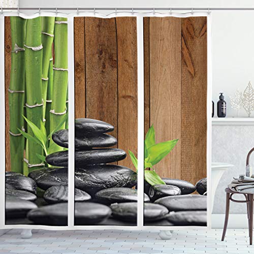 Ambesonne Art Decor Collection, Spa Zen Basalt Stones and Bamboo Trees Picture Print, Polyester Fabric Bathroom Shower Curtain Set with Hooks, Green/Dark Gray/Brown