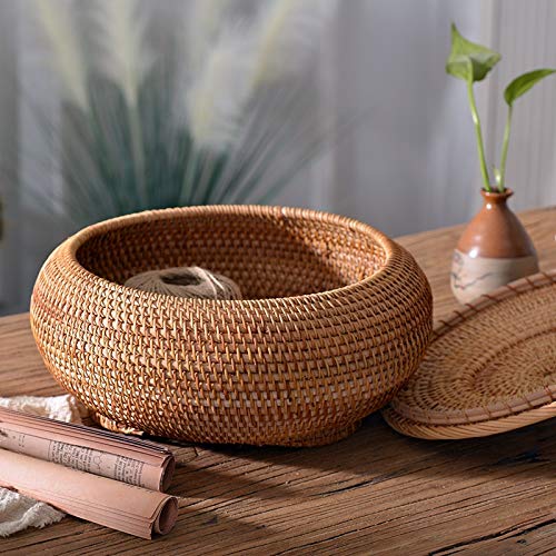 YIWMHE Rattan Boxes with Lid Hand-Woven Multi-Purpose Wicker Tray with Durable Rattan Fiber Round 11 Inch Diameter Bread Basket (Color : Coffee Color)