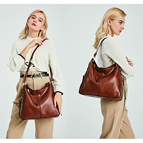 Meobvg Hobo Bag Handbags and Purses for Women, PU Leather Large Tote Shoulder Crossbody Shoulder Bags Set 2pcs (Brown)