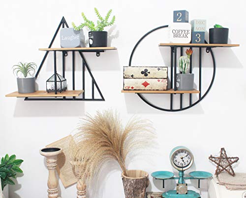 Funerom Rustic Wood and Metal Wall Mounted Floating Shelves Decorative Round Wall Shelf for Living Room, Bathroom, Kitchen