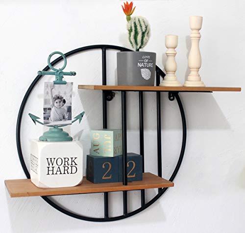 Funerom Rustic Wood and Metal Wall Mounted Floating Shelves Decorative Round Wall Shelf for Living Room, Bathroom, Kitchen