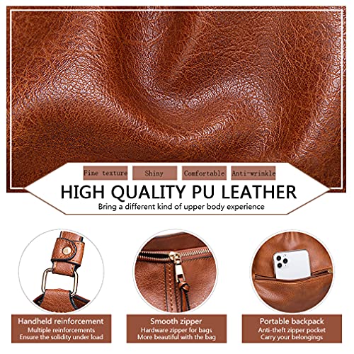 Meobvg Hobo Bag Handbags and Purses for Women, PU Leather Large Tote Shoulder Crossbody Shoulder Bags Set 2pcs (Brown)