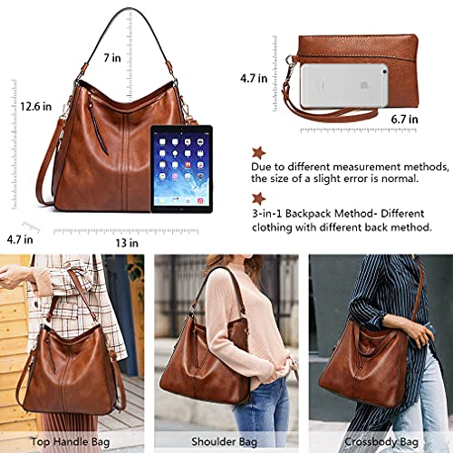 Meobvg Hobo Bag Handbags and Purses for Women, PU Leather Large Tote Shoulder Crossbody Shoulder Bags Set 2pcs (Brown)