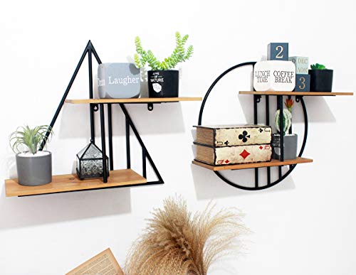 Funerom Rustic Wood and Metal Wall Mounted Floating Shelves Decorative Round Wall Shelf for Living Room, Bathroom, Kitchen