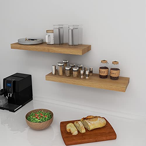 INHABIT UNION Oak Floating Shelves for Wall,24in Wall Mounted Display Ledge Shelves Perfect for Bedroom, Bathroom, Living Room and Kitchen Decoration Storage (Oak)