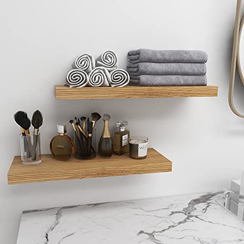 INHABIT UNION Oak Floating Shelves for Wall,24in Wall Mounted Display Ledge Shelves Perfect for Bedroom, Bathroom, Living Room and Kitchen Decoration Storage (Oak)