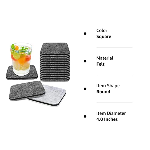 Premium Felt Coasters for Drink, Absorbent Felt Protects Furniture, Table, Desk 4x4 Inch by AA Wonders (Pack of 18, Square)