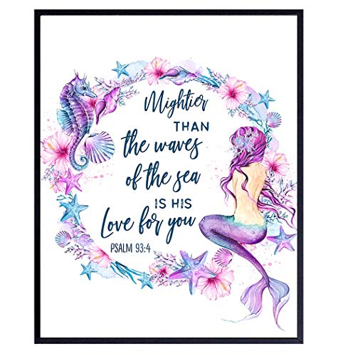 Mermaid Seahorse Seashells Wall Art - Inspirational Bible Verse Religious Quote - Christian Scripture Room Decor for Bathroom, Bedroom - Nautical Ocean Beach House Poster - Mightier Than the Waves