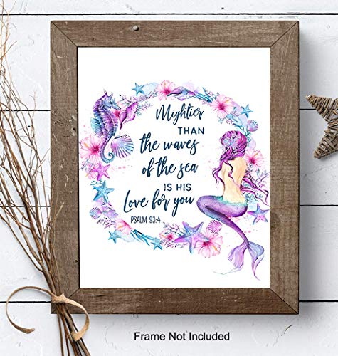 Mermaid Seahorse Seashells Wall Art - Inspirational Bible Verse Religious Quote - Christian Scripture Room Decor for Bathroom, Bedroom - Nautical Ocean Beach House Poster - Mightier Than the Waves