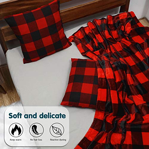 60 x 80 Inches Buffalo Plaid Throw Blanket, Flannel Fleece Throw Blanket, Checkered Soft Blankets with 2 Pieces 18 x 18 Inches Pillow Covers for Christmas Home Decor (Red and Black Plaid)