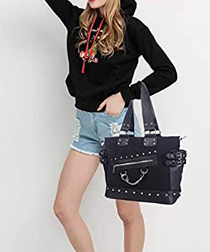 RainboSee Women Punk Rivet Handbag Purse Canvas Tote Shoulder Crossbody Bag Large Capacity Satchel Black