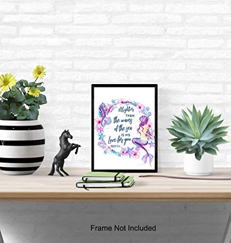 Mermaid Seahorse Seashells Wall Art - Inspirational Bible Verse Religious Quote - Christian Scripture Room Decor for Bathroom, Bedroom - Nautical Ocean Beach House Poster - Mightier Than the Waves