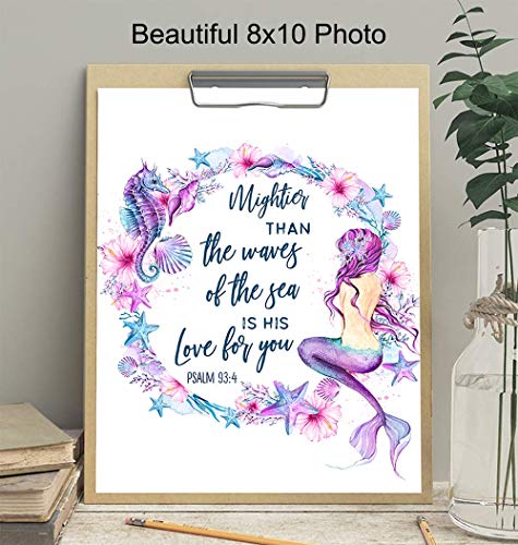 Mermaid Seahorse Seashells Wall Art - Inspirational Bible Verse Religious Quote - Christian Scripture Room Decor for Bathroom, Bedroom - Nautical Ocean Beach House Poster - Mightier Than the Waves