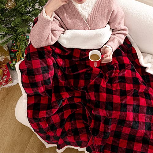 HBlife Sherpa Buffalo Plaid Christmas Throw Blanket for Couch 50X60 Inches, Super Cozy Fuzzy Fleece Warm Plush Holiday Decorative Cabin Blankets and Throws, Black and Red