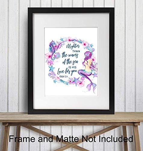 Mermaid Seahorse Seashells Wall Art - Inspirational Bible Verse Religious Quote - Christian Scripture Room Decor for Bathroom, Bedroom - Nautical Ocean Beach House Poster - Mightier Than the Waves