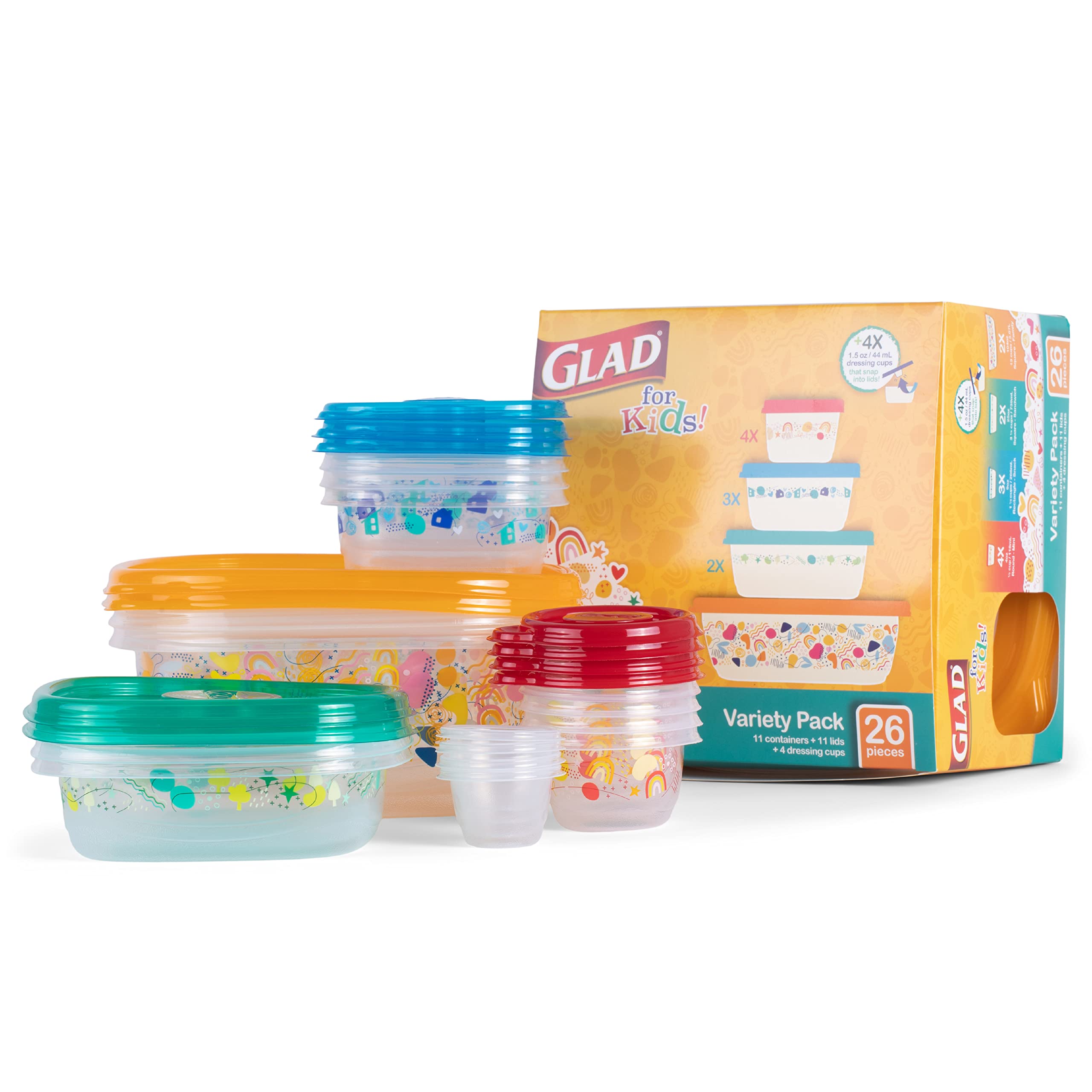 Glad for Kids GladWare Variety Pack 26ct Back to School Pattern Food Storage Containers with Lids | Mixed Sizes Kids Food Containers with Rainbows & Colorful Cute Designs, Tight-Sealing 26 Piece Set