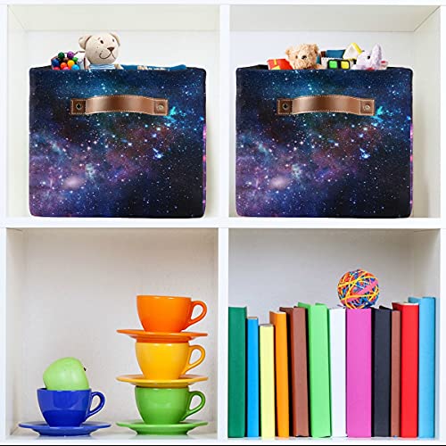 AUUXVA Galaxy Nebula Stars Storage Bins Basket, Universe Outer Space Collapsible Storage Cube Rectangle Storage Box with Handles for Shelf Closet Nursery Bedroom Home Office 2 Pack