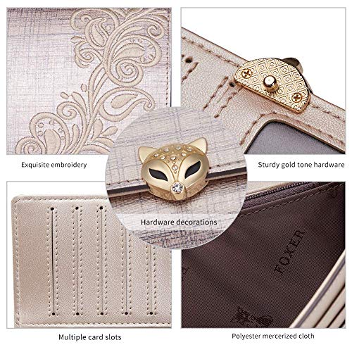 FOXER Leather Totes & Wallets 2 PCS Set, Metallic Handbags with Embroidered Wallets