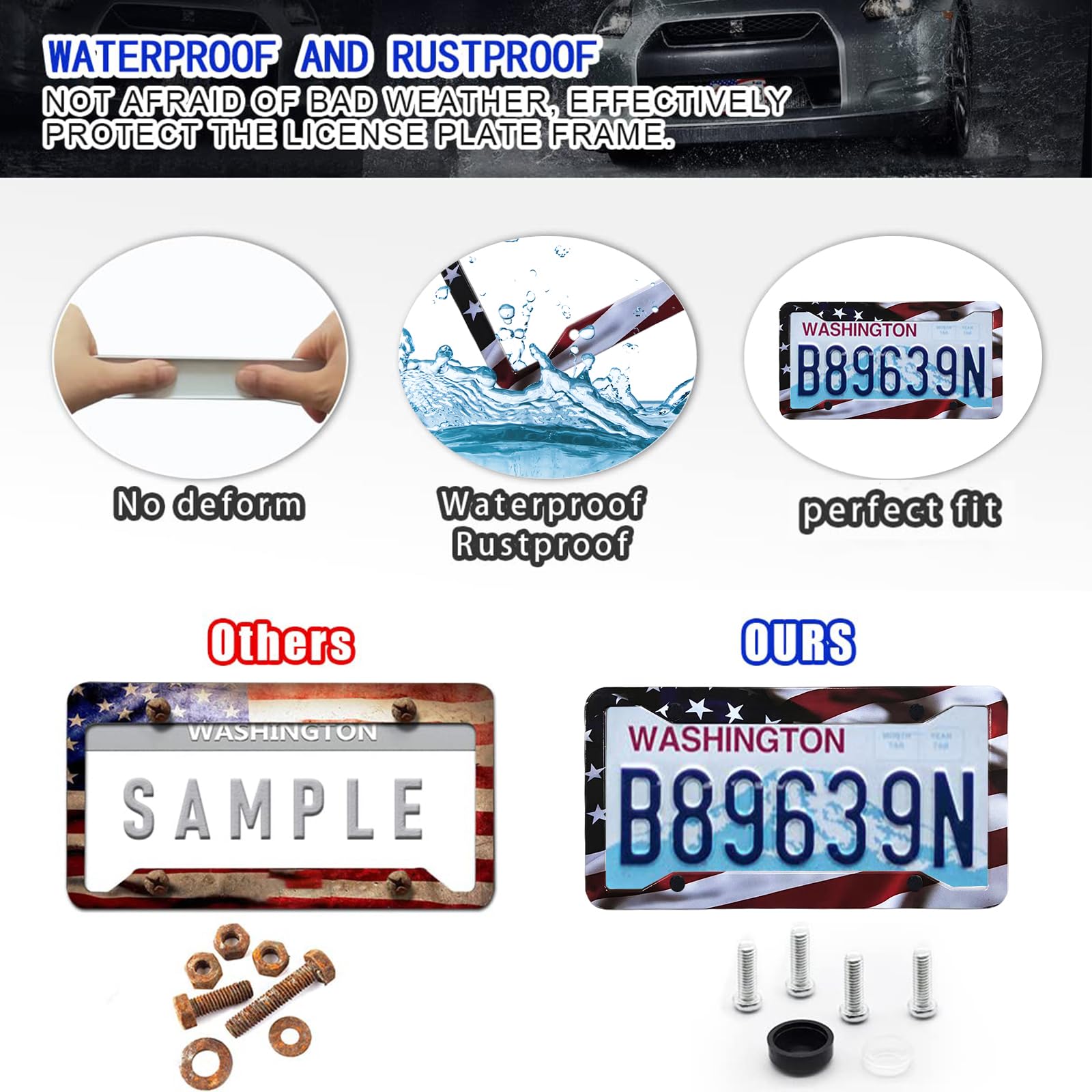 American Flag License Plate Frame Holder - 2 Pack Universal Aluminum Matte Stripe US Flag Gloss Patriotic Car Plate Frame Covers with Free Screws Fasteners Caps