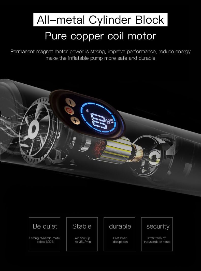 SAOSHYPEI Portable Air Compressor, 150PSI Cordless Tire Inflator with LCD Screen, Digital Tire Pressure Gauge, Suitable for Cars, Motorcycles, Bicycles (Black)
