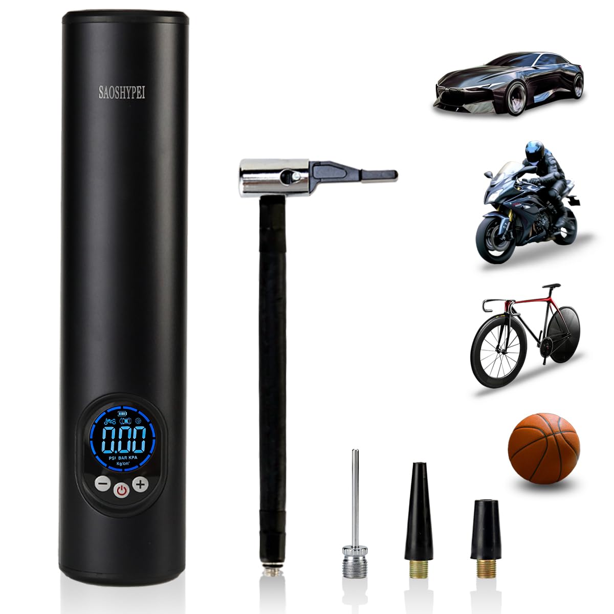 SAOSHYPEI Portable Air Compressor, 150PSI Cordless Tire Inflator with LCD Screen, Digital Tire Pressure Gauge, Suitable for Cars, Motorcycles, Bicycles (Black)