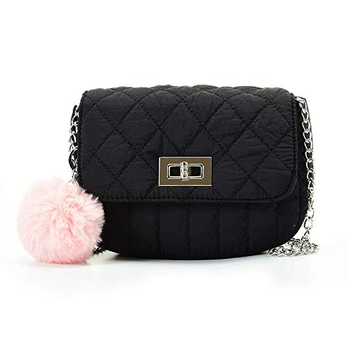JSTRIVE Cute Purses for Teen Girls Small Purse and Quilted Crossbody bags for Women with Chain Strap, Nylon Lightweight, 8” Black