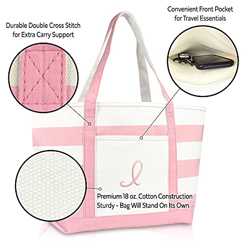 DALIX Striped Beach Bag Tote Bags Satchel Personalized Pink Ballent Letter I