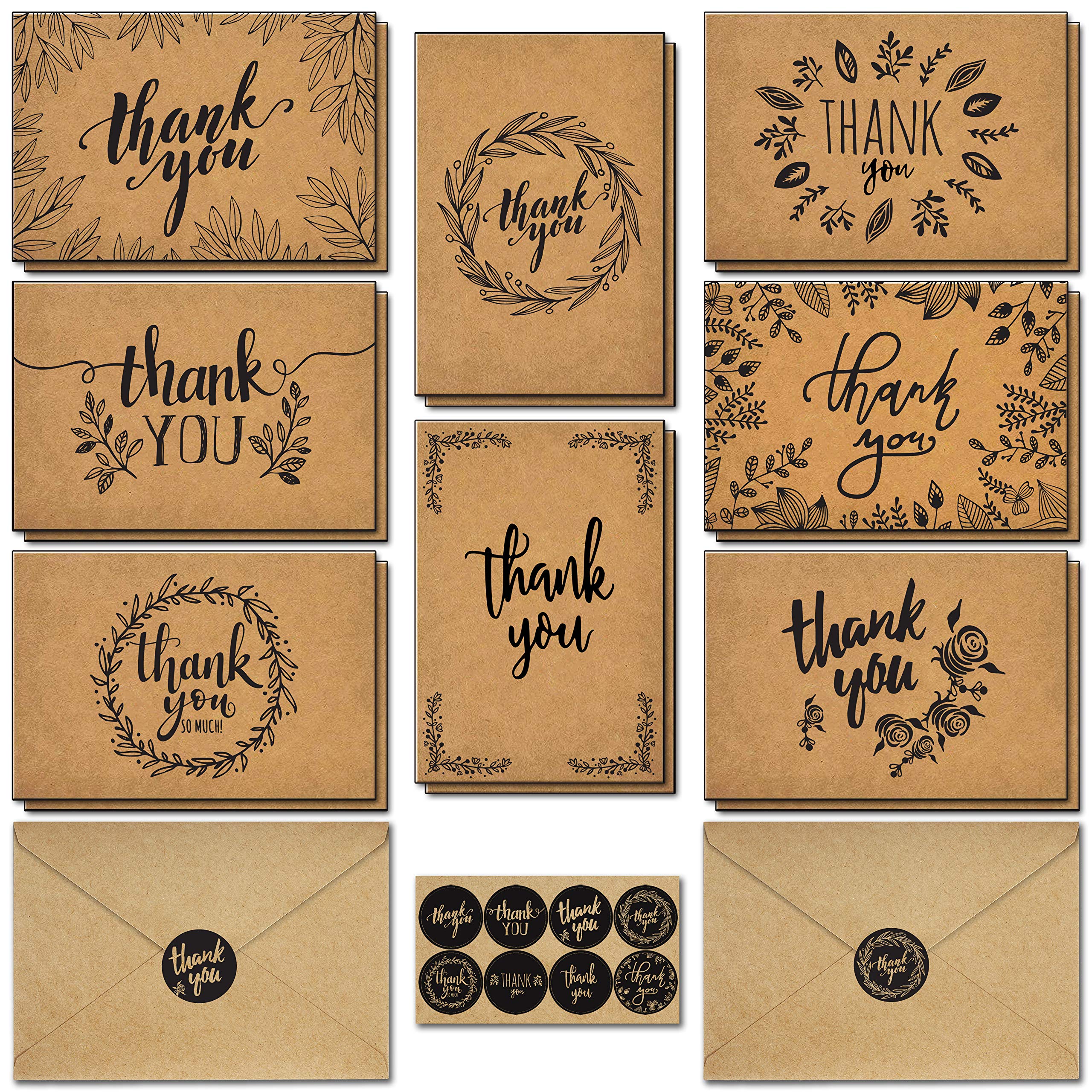caqpo Thank You Cards With Envelopes - 160 Sets Premium Kraft Thank You Cards Bulk - Thank You Notes with 8 Graceful Designs - Floral Thank You Card for Celebration, Wedding, Baby & Bridal Shower 4x6