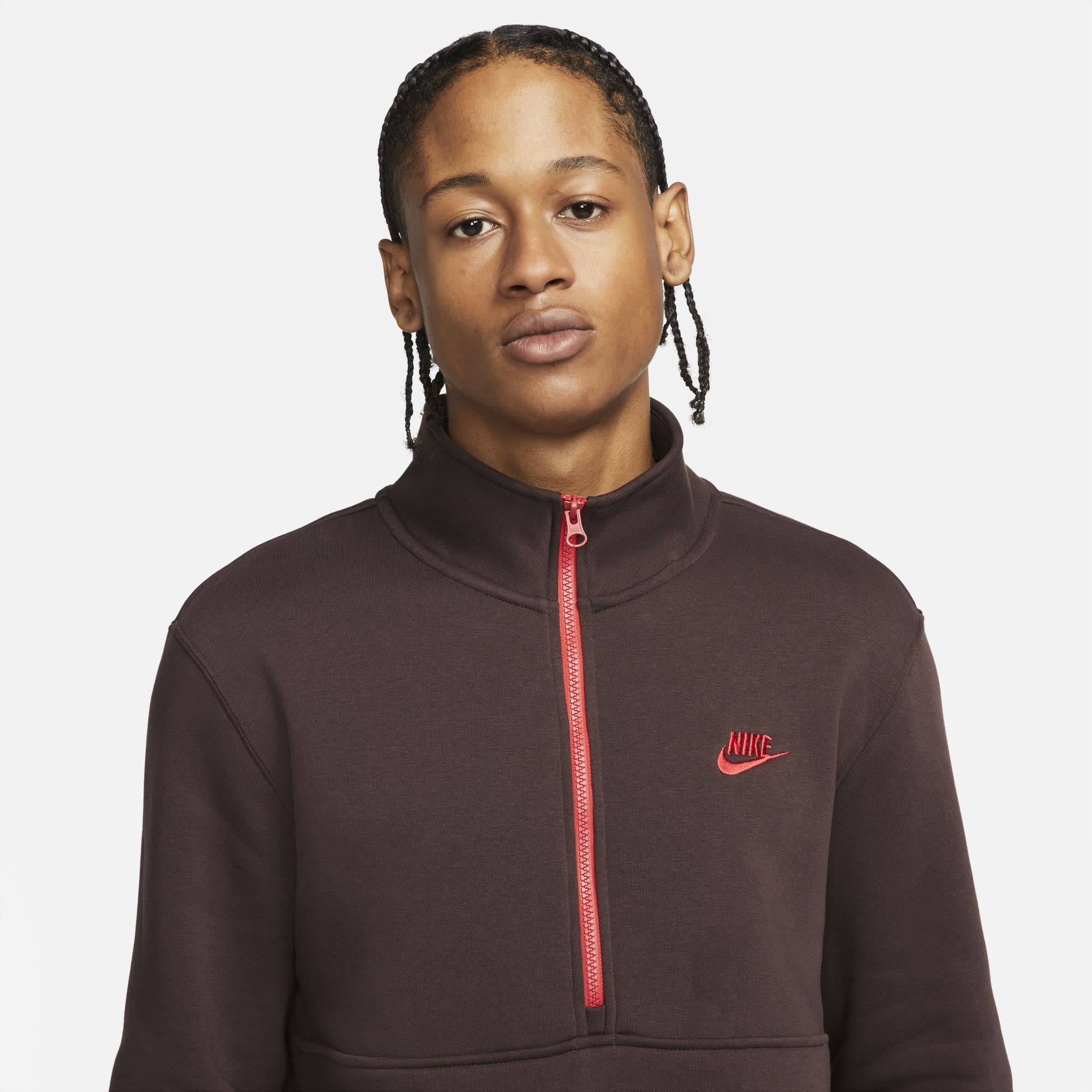 Nike Men Sportswear Club Brushed-Back 1/2-Zip Pullover (2X-Large, Brown Basalt/University Red/University Red)