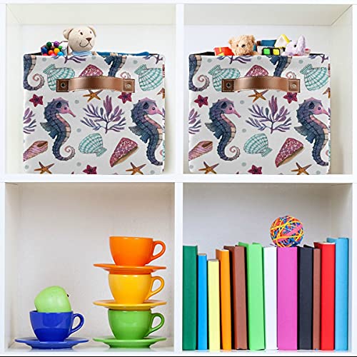 AUUXVA Ocean Starfish Seahorse Shell Storage Bins Basket, Nautical Sea Life Theme Collapsible Storage Cube Rectangle Storage Box with Handles for Shelf Closet Nursery Bedroom Home Office 1 Pack