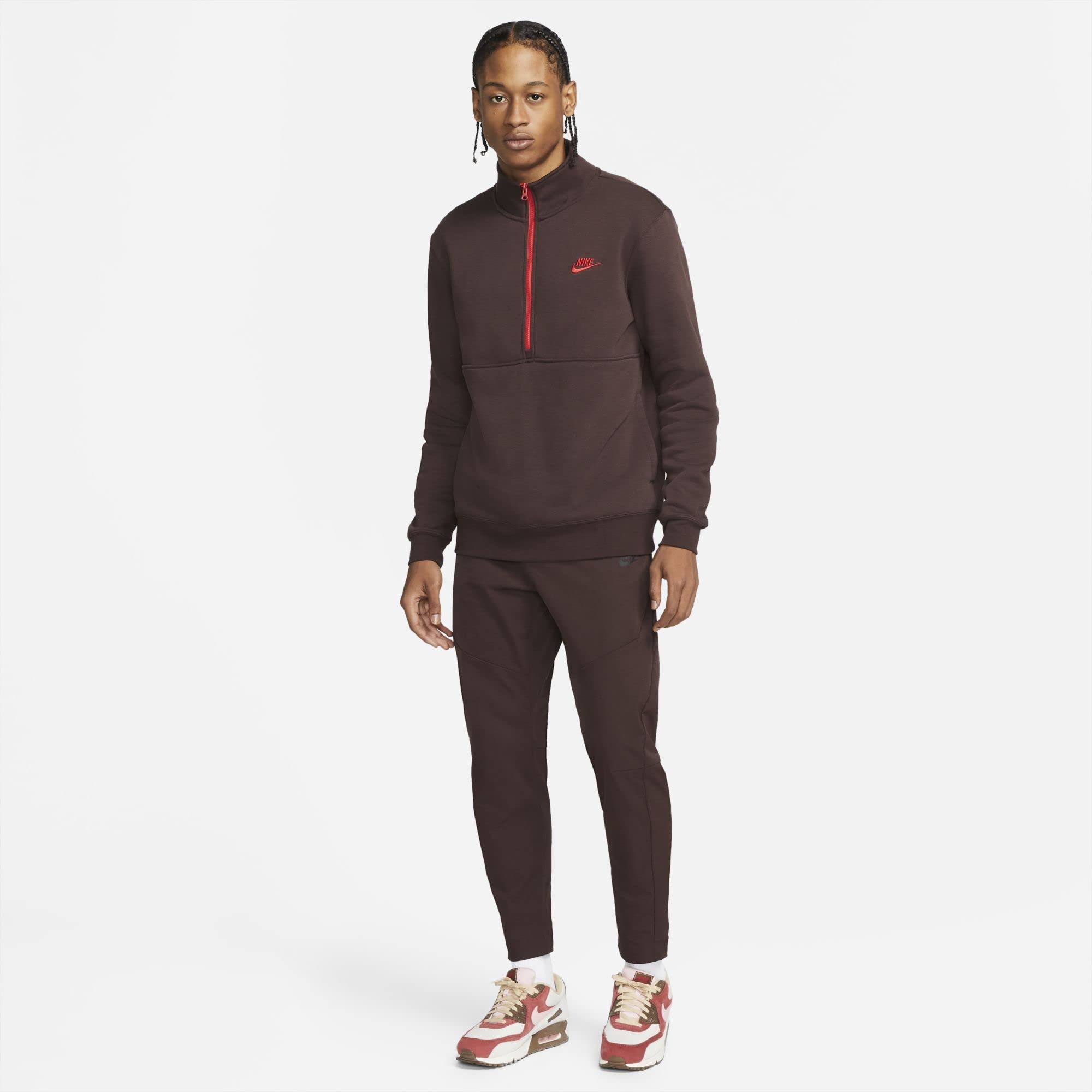 Nike Men Sportswear Club Brushed-Back 1/2-Zip Pullover (2X-Large, Brown Basalt/University Red/University Red)