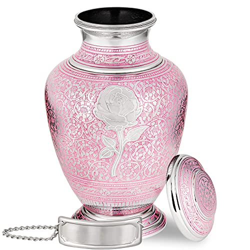 Berkshire Memorials Decorative Urns for Human Ashes – Adult Size– Hand-Crafted Brass Cremation Urns with Engravable Pewter Nametag & Velvet Bag – Secure Screw Top Seal - Protective Coating (Pink Rose)