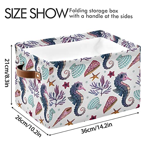 AUUXVA Ocean Starfish Seahorse Shell Storage Bins Basket, Nautical Sea Life Theme Collapsible Storage Cube Rectangle Storage Box with Handles for Shelf Closet Nursery Bedroom Home Office 1 Pack