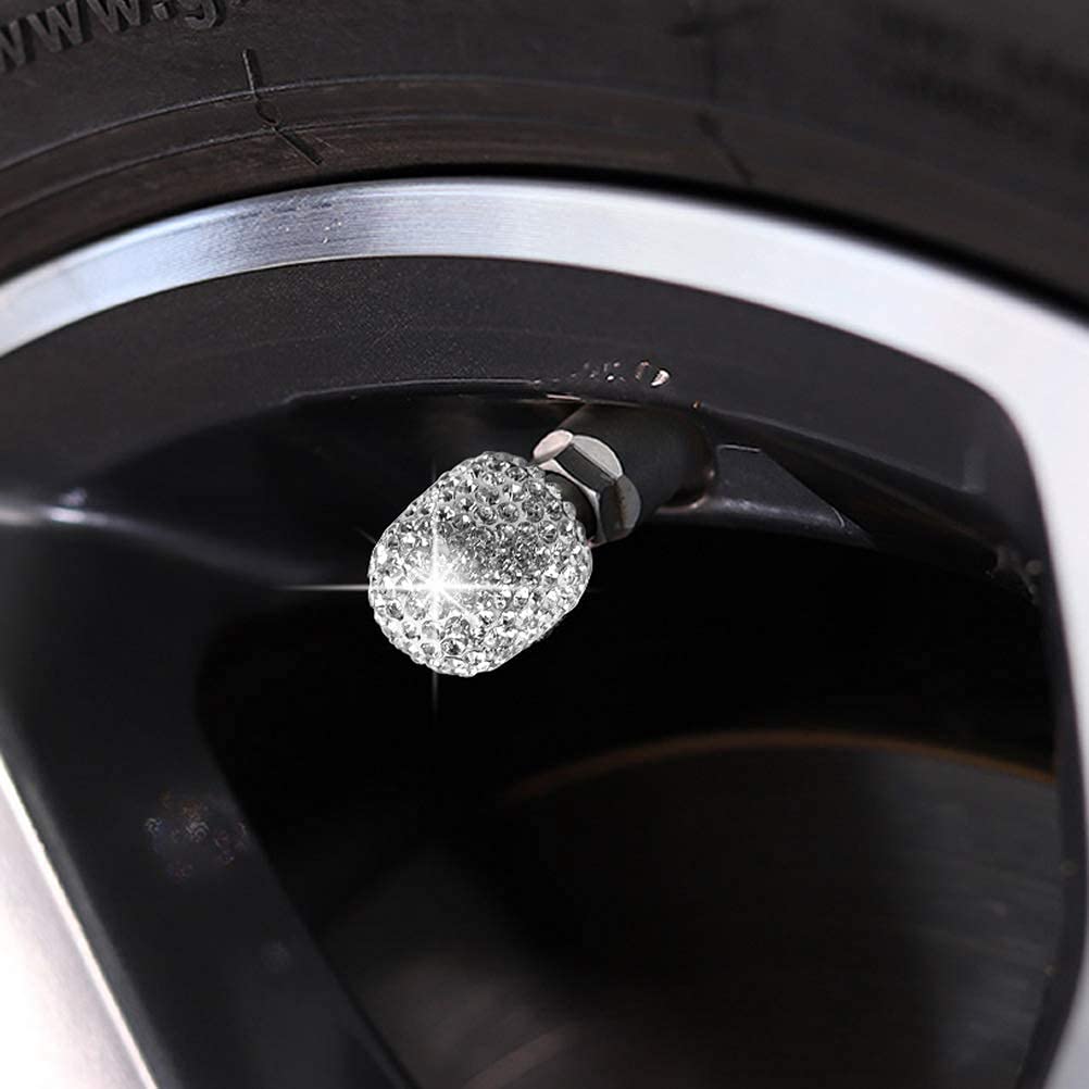 4 Pack Bling Valve Stem Caps, Sparkling White Handmade Crystal Rhinestone Car Tire Valve Caps Bling Car Valve Stem Covers Chrome Attractive Dustproof