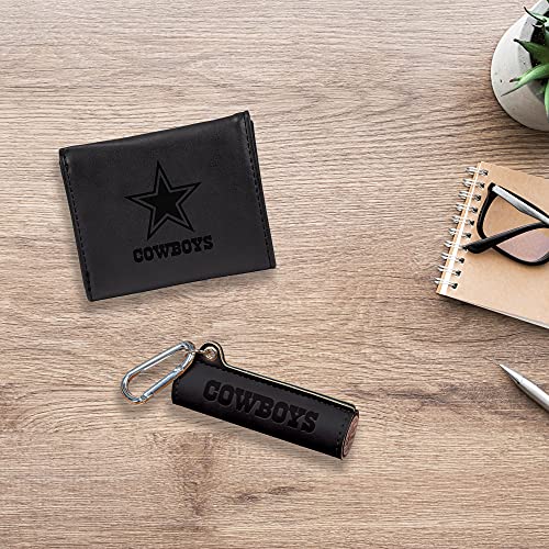 Rico Industries NFL Dallas Cowboys Laser Engraved Black Portable Charger Keychain (Universal for all phones) and Tri-Fold Wallet Gift - Great Gift Item