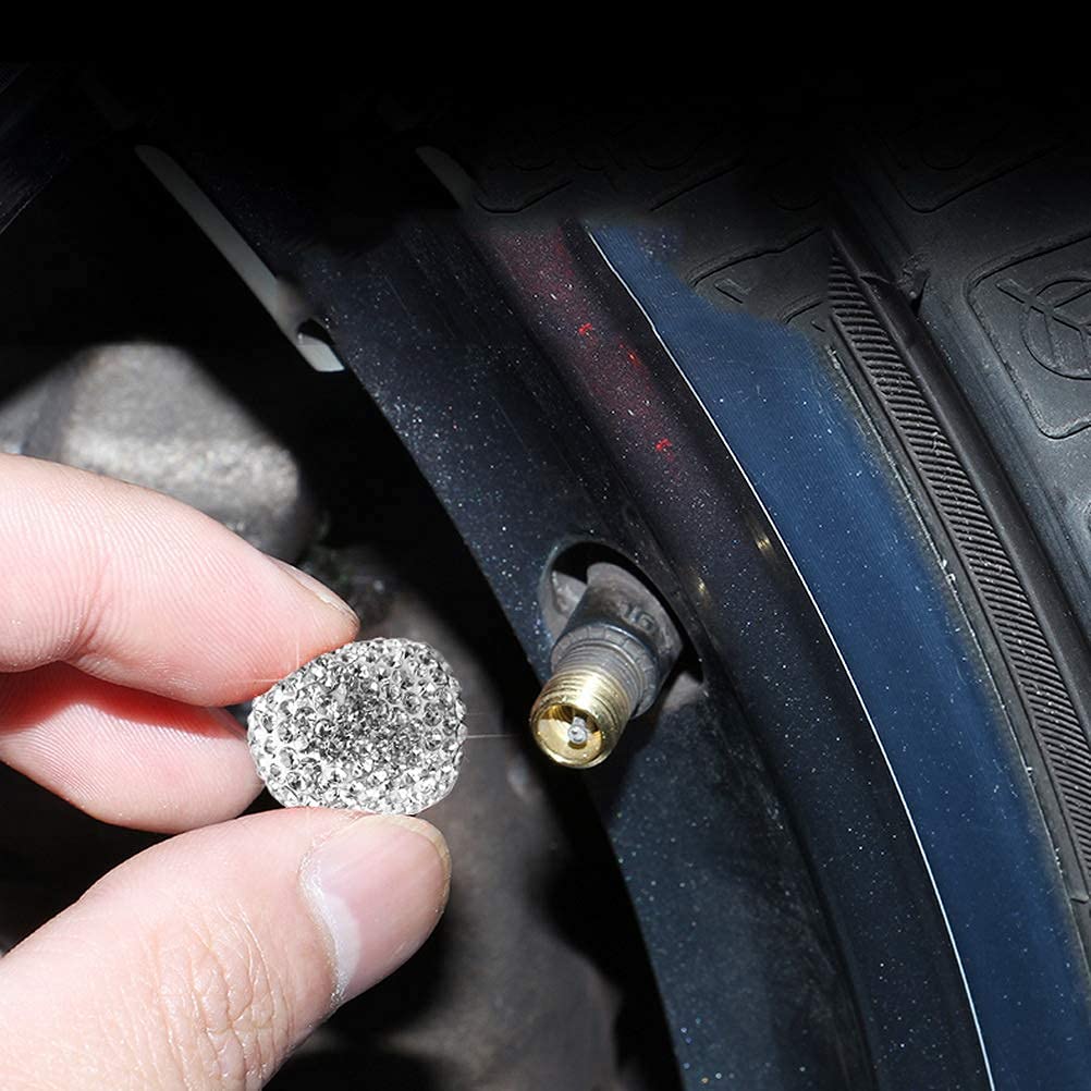 4 Pack Bling Valve Stem Caps, Sparkling White Handmade Crystal Rhinestone Car Tire Valve Caps Bling Car Valve Stem Covers Chrome Attractive Dustproof