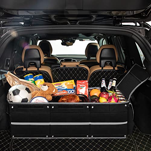 Collapsible Trunk Organizer for Car with Insulated Leak proof Cooler Bag, 3 Compartments SUV Cargo Organizer Removable Dividers, 5 in1 Car Storage Organizer with Foldable Lid,2 Tie-Down Straps(Black)