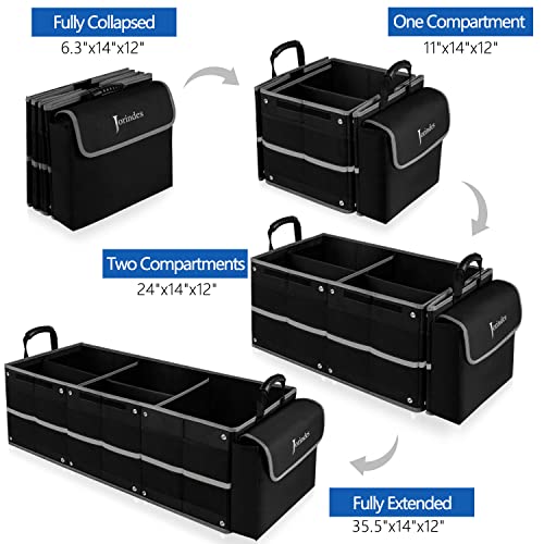 Collapsible Trunk Organizer for Car with Insulated Leak proof Cooler Bag, 3 Compartments SUV Cargo Organizer Removable Dividers, 5 in1 Car Storage Organizer with Foldable Lid,2 Tie-Down Straps(Black)