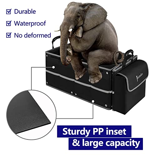 Collapsible Trunk Organizer for Car with Insulated Leak proof Cooler Bag, 3 Compartments SUV Cargo Organizer Removable Dividers, 5 in1 Car Storage Organizer with Foldable Lid,2 Tie-Down Straps(Black)